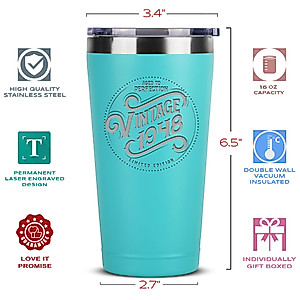 75th Birthday Gifts for Women and Men - 1948 Vintage 16 oz Stainless Steel Mint Coffee Tumbler