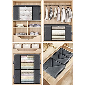 BlissTotes Storage Clothing Bags Storage Clothes Organizer with Reinforced Handle Sturdy Fabric Clear Window for Blankets, Bedding, Collapsible with Sturdy Zipper, 6 Pack, 60L, Grey