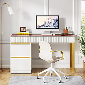 Tribesigns Computer Desk with 4 Drawers, 47 Inch Modern Home Office Desk with Glass Top, White and Gold Writing Workstation Desk with Storage, Makeup Vanity Table for Living Room, Bedroom