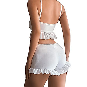 SweatyRocks Women's 2 Piece Lingerie Set Ruffle Trim Tie Front Cami Top and Shorts Sleepwear White S