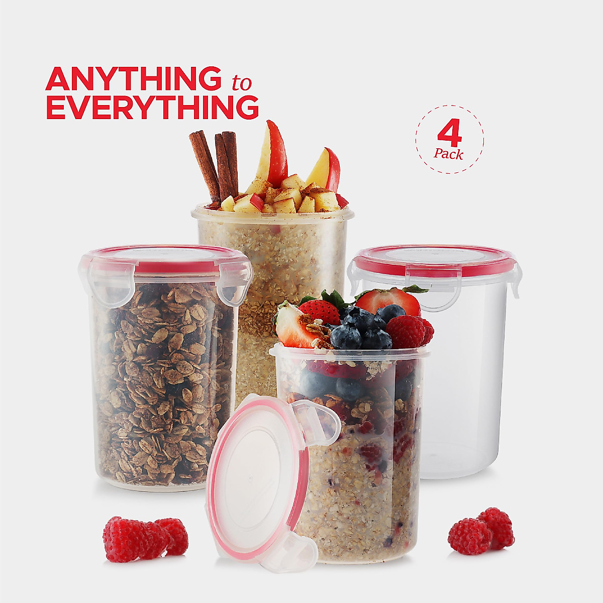Overnight Oats Container with Lids (Set of 4) | Oatmeal Container To-Go | Overnight Oats Jars with Lid | Cereal and Milk Container On The Go | Oatmeal Storage Container | Leakproof lids, BPA Free