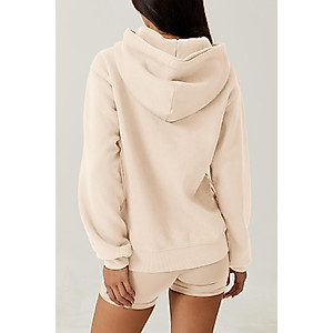 QINSEN Pullover Hoodie with Kanga Pocket for Women Long SLeeve Fleece Cozy Sweatershirts Beige S