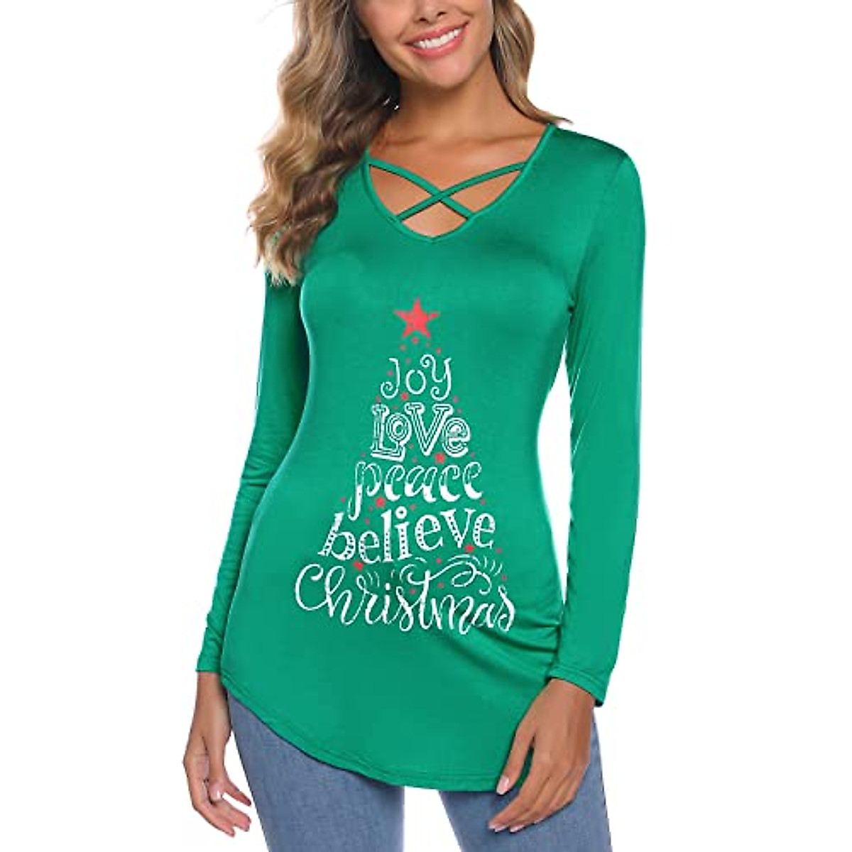 iClosam Women Christmas Letter Print Long Sleeve Tunic Shirts Criss Cross V-Neck Curved Hem Blouses Xmas Tops Sweatshirt Green L