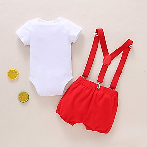 IBTOM CASTLE Cake Smash Outfit Boys First Birthday Party Supplies Short Sleeve Romper Suspenders Pants Circus Baby Photoshoot Clothes Red 9-12 Month
