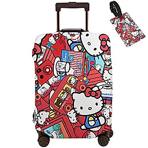 ISUNIET Washable Elastic Cartoon Pink Cat Luggage Cover Travel Suitcase Protective Cover Trunk Case Fits 18''-32'' Suitcase Protector Baggage With Concealed Zipper Gifts for Women Girls Map 4 Large