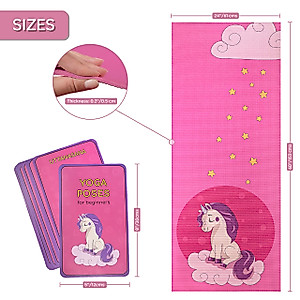 Kids Yoga Mat Set - Fun Unicorn Yoga Mat for Girls - Comfortable - Chemical Free - Non-Toxic - Non-Slip - 60 X 24 X 0.2 Inches - w/ 12 Yoga Cards for Kids - Carrier Bag with Strap - Pink - Ages 4-12
