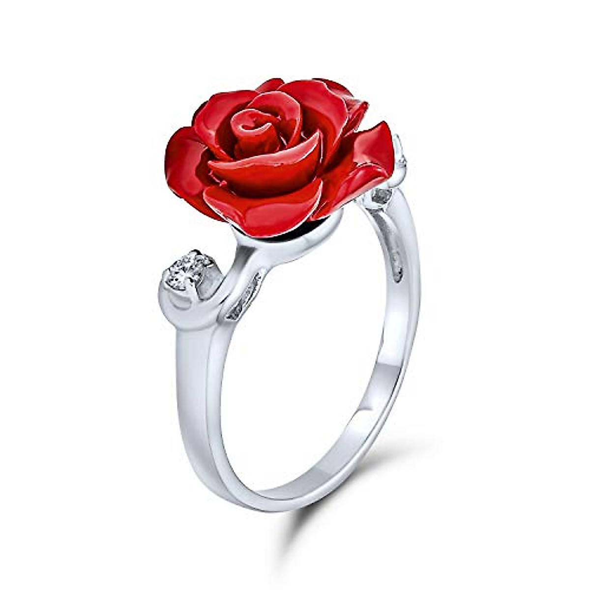 Bling Jewelry CZ Accent Flower Fashion Red carved Rose Statement Ring For Women For Teen .925 Sterling Silver