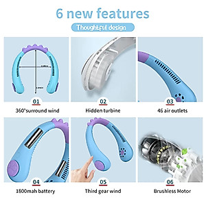 BOHOFAM Portable Kids Neck Fan, Neck Fan For Kids Rechargeable, Bladeless Cooling Children Fan,3 Speeds Mute Fan Adjustable Operated Presonal Fan For Playing,travel Theme Parks.(Blue)…