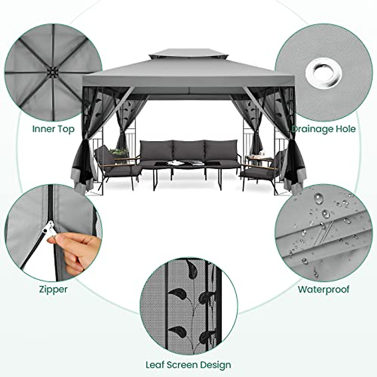 COBIZI Gazebo Canopy Tent, Outdoor Canopy 10x13 Tents for Parties, Patio Gazebo with Mosquito Netting, Patio Covers for Shade and Rain, Screen House for Backyard, Lawn and Garden, Steel Frame, Gray