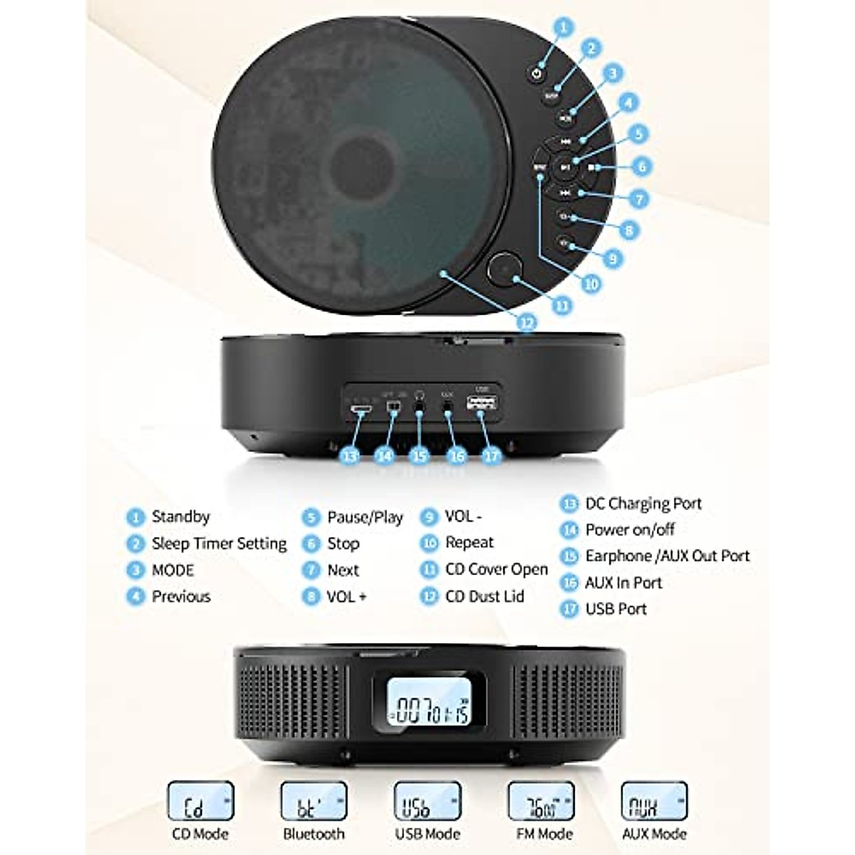 CD Player Portable, FELEMAN Upgraded 2 in 1 Portable CD Player & Bluetooth Speaker, Rechargeable Boombox CD Player for Car/Home with Remote Control, FM Radio, Support AUX/USB, Headphone Jack