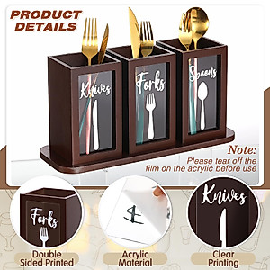 Gejoy Clear Acrylic Silverware Cutlery Caddy Utensil Holder with Wood Tray Spoon Fork Knives Flatware Dispenser for Kitchen Table Countertop Silverware Storage Organizer(Brown)