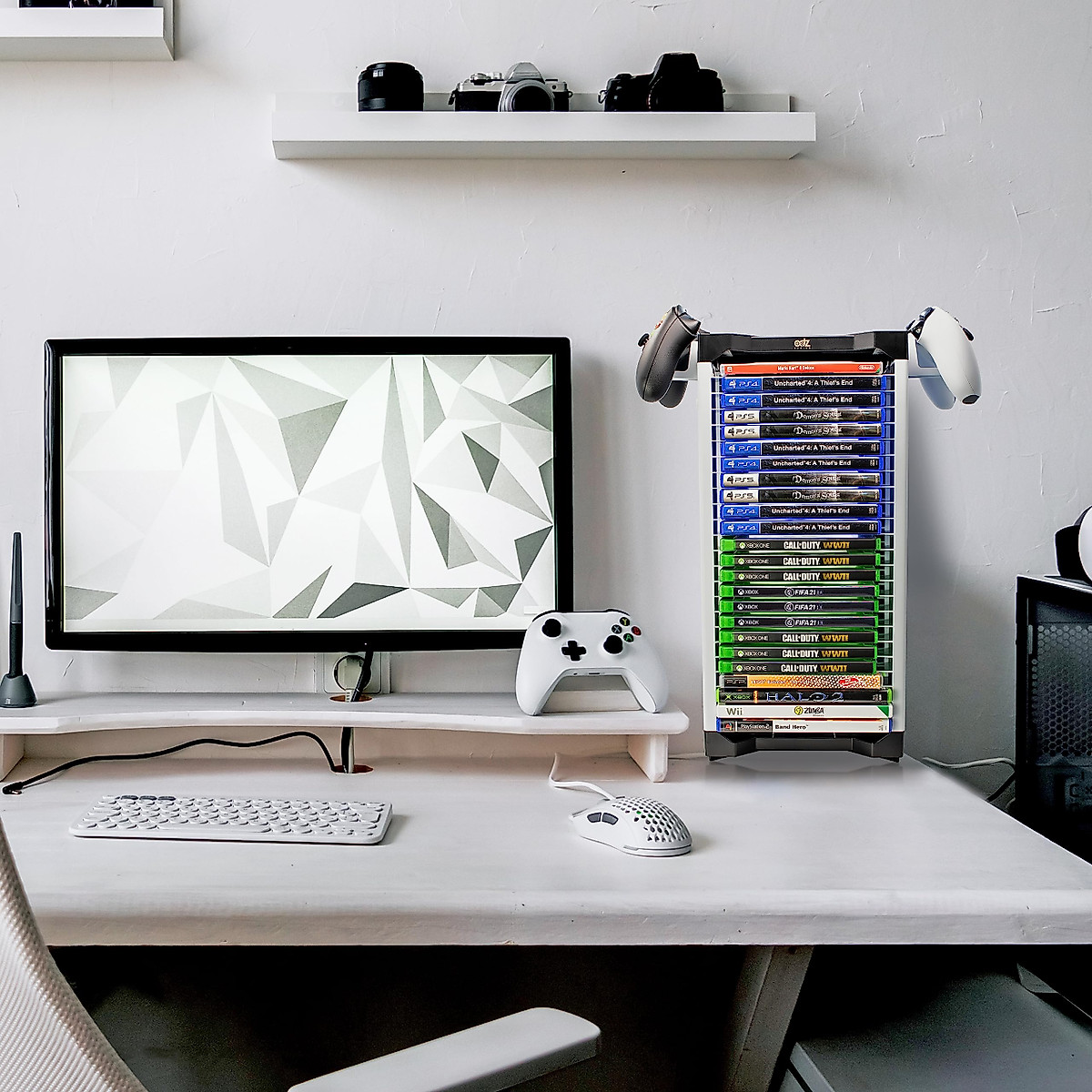 ADZ Universal Game Holder – 23 Game Storage Tower Rack for PS2 PS3 PS4 PS5 PSP Xbox 360 Xbox One Series X Wii Switch Games DVD and Blu-Ray Disks. Includes 2 Controller Mounts