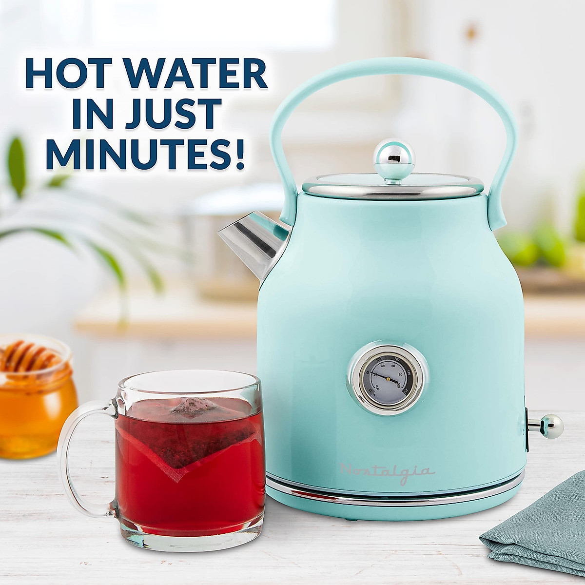 Nostalgia Retro Countertop Microwave Oven, 0.9 Cu. Ft. 800-Watts with LED Digital Display, Child Lock, Easy Clean Interior, Cu.Ft, Aqua & Retro Stainless Steel Electric Tea and Water Kettle