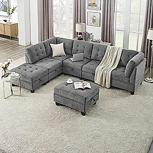 FULife Free Combination Modular Sofa Reversible Sectional Couch Oversized L Shaped Sofá Upholstery Deap Seat Sleeper Couches Bed with Storage for Living Room,3 Single Chairs,2 Corners,Double Ottomans