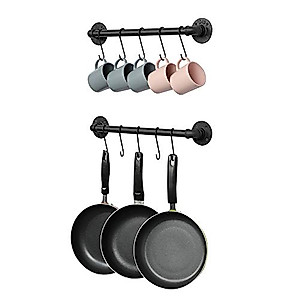 OROPY Wall Mounted Pot Pan Rack 21'' Set of 2, Industrial Utensils Wall Hanger Iron Pipe Kitchen Hanging Rail with 10 S Hooks