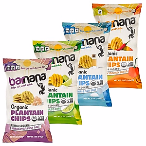 Barnana Organic Plantain Chips - Variety Pack - 5 Ounce, 4 Pack Plantains - Barnana Salty, Crunchy, Thick Sliced Snack - Best Chip For Your Everyday Life - Cooked in Premium Coconut Oil