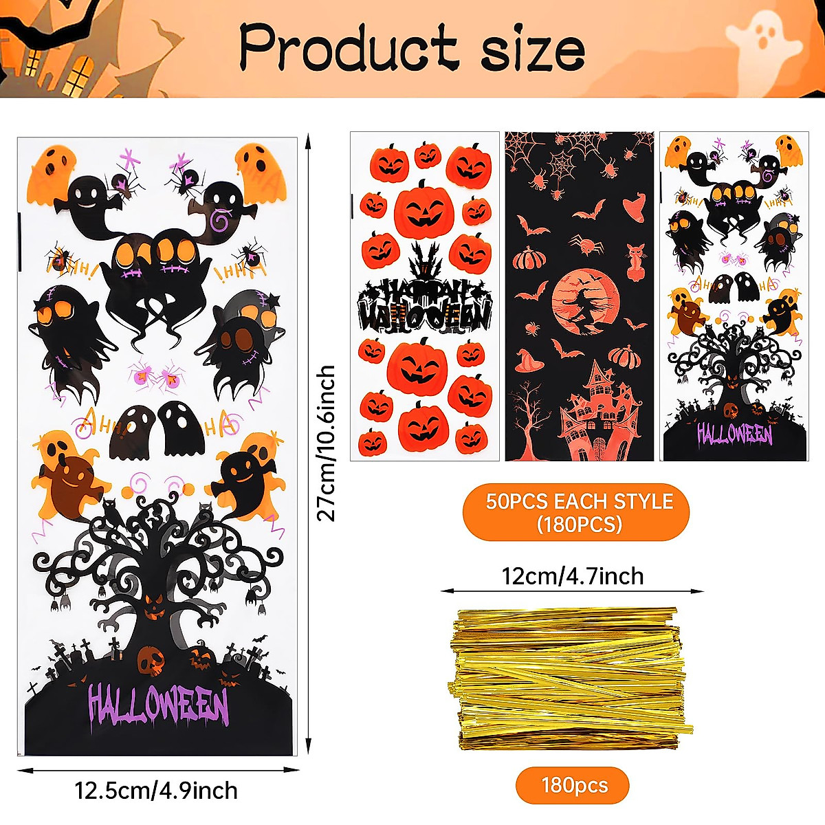 150 Pieces 3 Designs Halloween Candy Bags Treat Bags with Twist Ties, Pumpkin Witches Happy Halloween Clear Cellophane Goodie Snack Bags for Kids Boys Girls Trick or Treat Party Favor Decorations