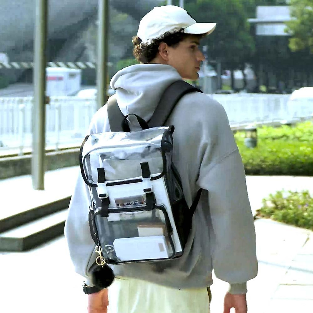 FTJCF Clear Backpack, Stadium Approved Transparent Bookbag, Heavy Duty PVC See Through Backpack - Black