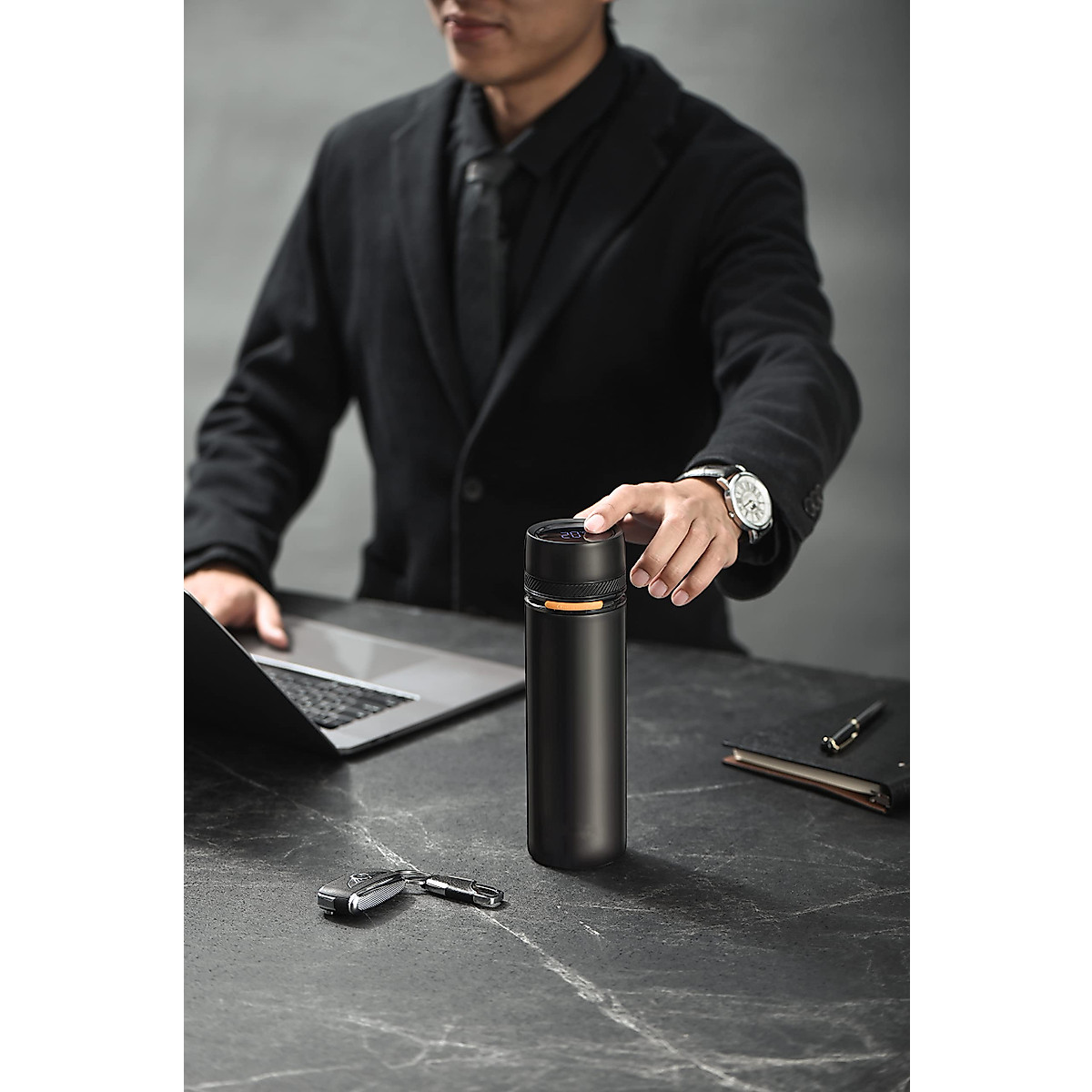 Rehydr8-Stainless Steel Water Bottle 17oz Thermos Coffee Flask Hydro Jug With Tea Infuser w/ LED Temperature Display and Carrying Strap Stay Cold/Hot~24Hour-White