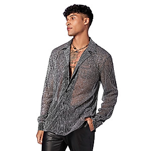 WDIRARA Men's Sheer Mesh See Through Glitter Button Front Long Sleeve Shirt Tops Silver XL