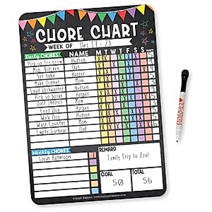 Hadley Designs Magnetic Chore Chart for Kids-12"x17" Reusable Dry Erase Responsibility Chart for Multiple Kids-Weekly Family Organizer with Reward System and Bonus Chore Guide
