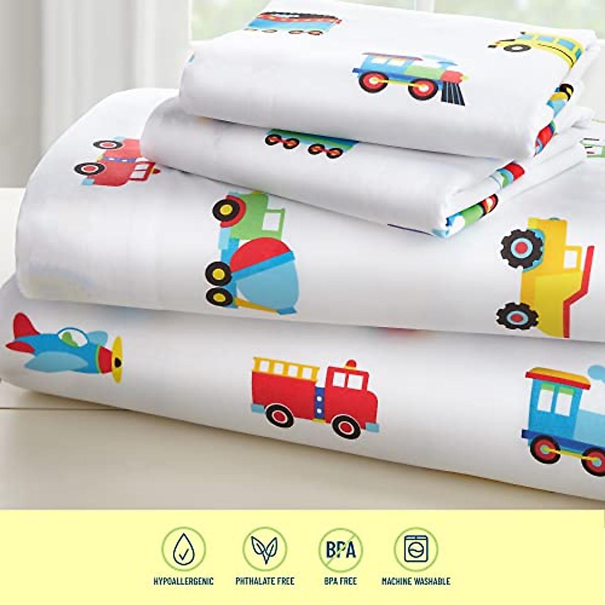 Wildkin Microfiber Fitted Crib Sheet for Boys & Girls, Crib Sheets Measures 52 x 28 Inches, Soft & Breathable Fabric Crib Sheets for Kids, Fits Standard Crib Mattress(Trains Planes & Trucks)