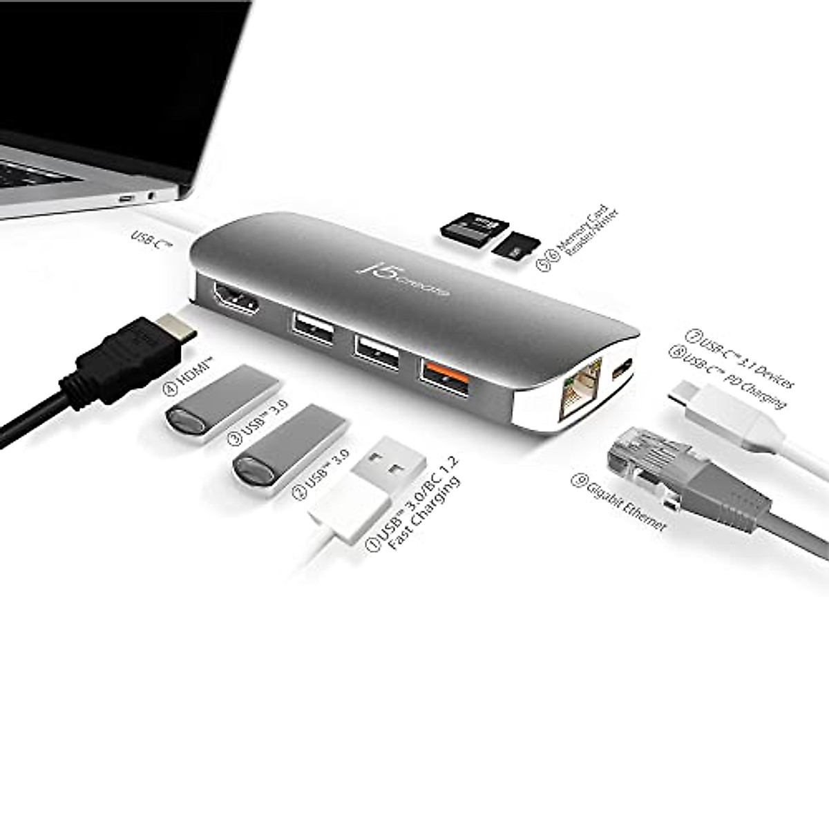 j5create USB-C 9-in-1 Multi Adapter Multi Adapter HDMI/Ethernet/USB 3.1, SD and MicroSD/PD 3.0 | 4K HDMI for MacBook | ChromeBook |USB-C Devices (JCD383)