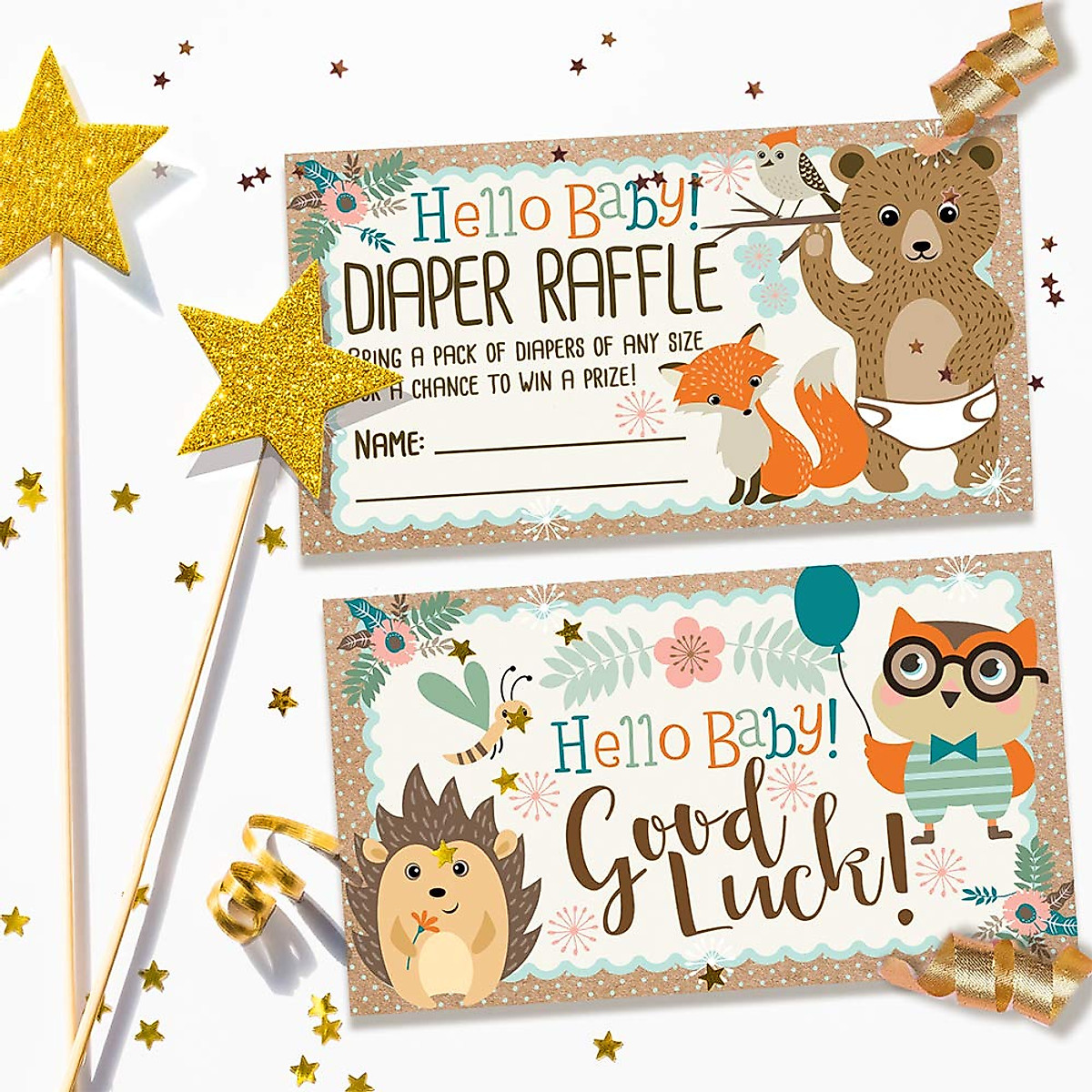 Diaper Raffle Tickets - Woodland Animals Card, Cute Fun Animals and Colorful Baby Shower Games Raffle Sign and Ticket, Gender Neutral, Baby Party Decorations, Set of 50 Double Sided Raffle Cards
