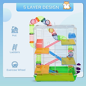 PawHut 18" 5 Tier Hamster Cage with Tubes and Tunnels, Small Animal Cage with Portable Carry Handle, Gerbil Cage with Water Bottle, Food Dish, Exercise Wheel