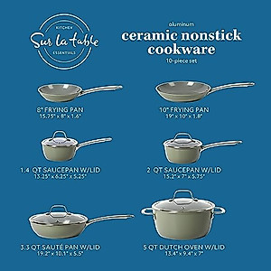 Sur La Table Kitchen Essentials 10 Piece PFA Free Non-Toxic Titanium Ceramic Nonstick Interior Forged Aluminum Cookware Pots and Pans Set - Green - Induction Compatible