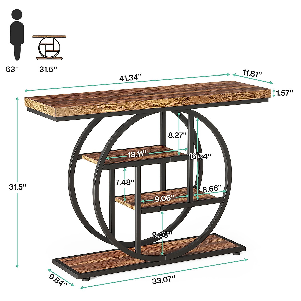 Tribesigns 41.3" Console Table, Industrial 4-Tier Sofa Table Entryway Table with Circle Base, Narrow Wood Accent Tables with Storage Shelves for Living Room, Hallway, Foyer, Rustic Brown