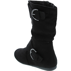 Link Klein-70K Girl's Kid's Faux Suede Two Buckle Zipper Flat Heel Mid Calf Slouchy Boot Shoes,Black,9