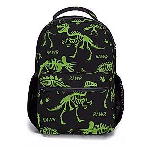 Dacawin Green Dinosaur Skeleton Backpacks Dinosaurs Bones Black School Backpack Casual Multipurpose Bookbag Lightweight Schoolbag for Kids Boys Girls Travel Camping