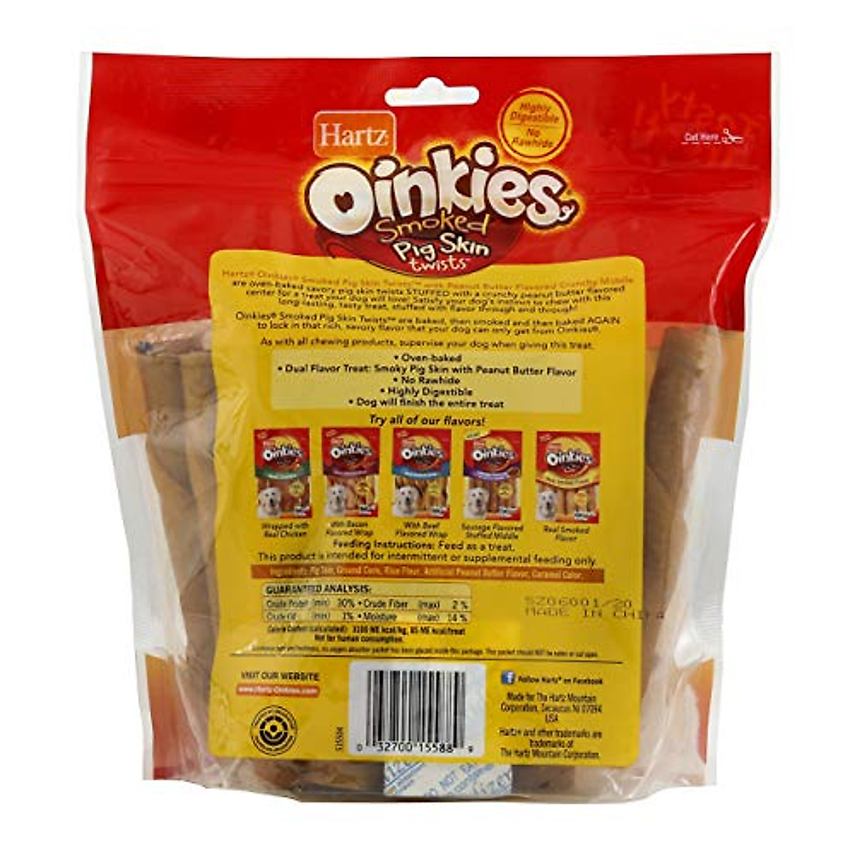 Hartz Oinkies Natural Smoked Pig Skin Twist Peanut Butter Stuffed Dog Treat Chews - 16 Pack - 3270015588