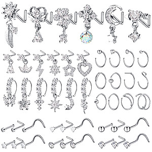 Trnayi 48 Pcs Dangle Nose Rings for Women Nose Piercings Jewelry with Charm L Shape Nose Studs Hoops Stainless Steel Indian Nose Rings for Women(Silver)