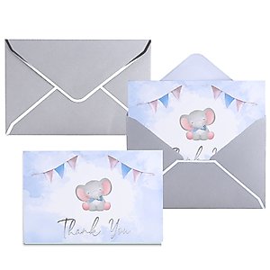 Winoo Design Heavy Duty Baby Shower Thank You Cards Boy - 36 PK - Silver Letterpress Elephant Thank You Cards Baby Shower Baby Boy Thank You Cards Cute Watercolor Thank You Cards Blue