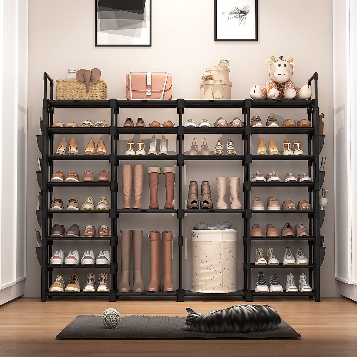 VTRIN Large Shoe Rack Organizer, tall metal rack Holds 62-66 Pairs, 8 Tiers Space Saving Shoe Shelf Storage with Side hanging pockets for Living Room Entryway Garage Black