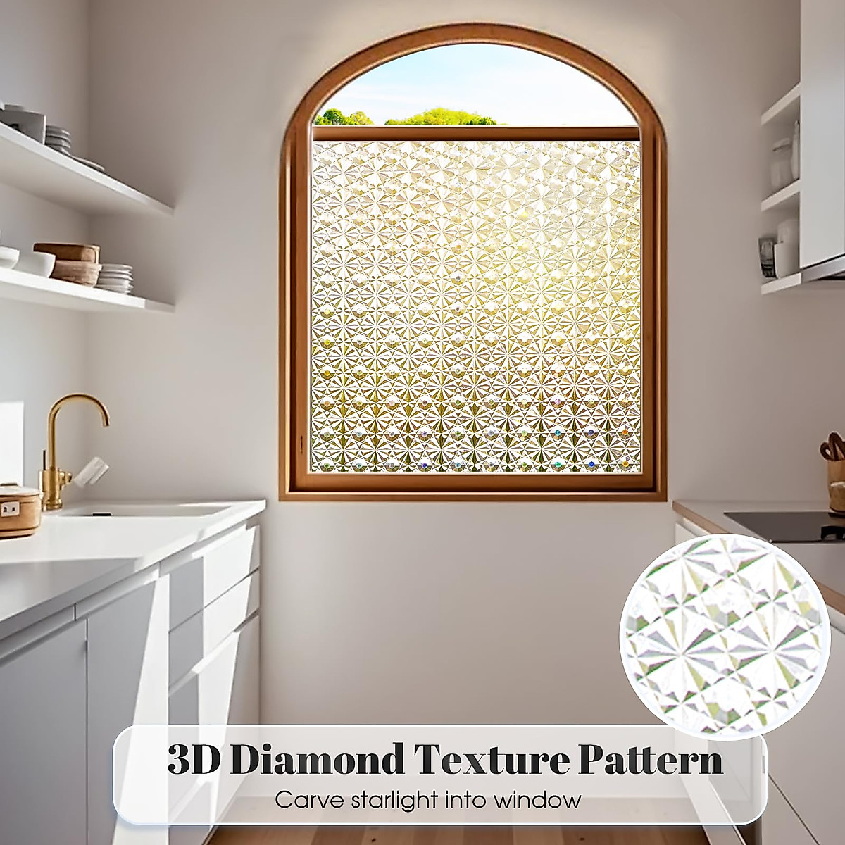 Windimiley Window Privacy Film, Stained Glass Window Film Heat Control UV, Frosted Rainbow Bathroom Decorative Film Diamond 3D Static Clings, Peel and Stick Window Tint for Home (Pure,17.5x78.7inch)