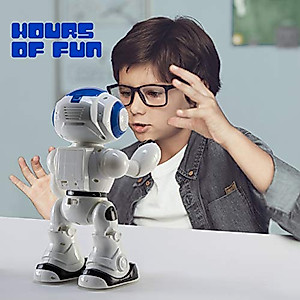 Top Race Remote Control Robot Toys with LED Lights - Interactive Programmable Birthday Gift for Kids - Moving, Dancing, Talking and Play Flying Disc - Rechargeable 12" Tall Desk Smart RC Robot