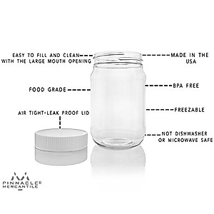 Pinnacle Mercantile Plastic Mason Jars - Screw on Ribbed Lid - 16 ounce-Set 6-Airtight Liner-Meal Prep Containers-Freezer Safe BPA Free