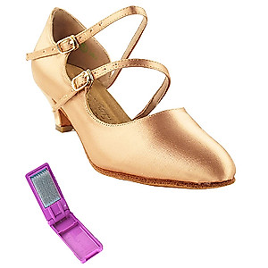 Very Fine Dance Shoes - Ladies Practice, Cuban Low Heel Ballroom Dance Shoes - PP201-1.2-inch Heel and Foldable Brush Bundle - Tan Satin - 4.5