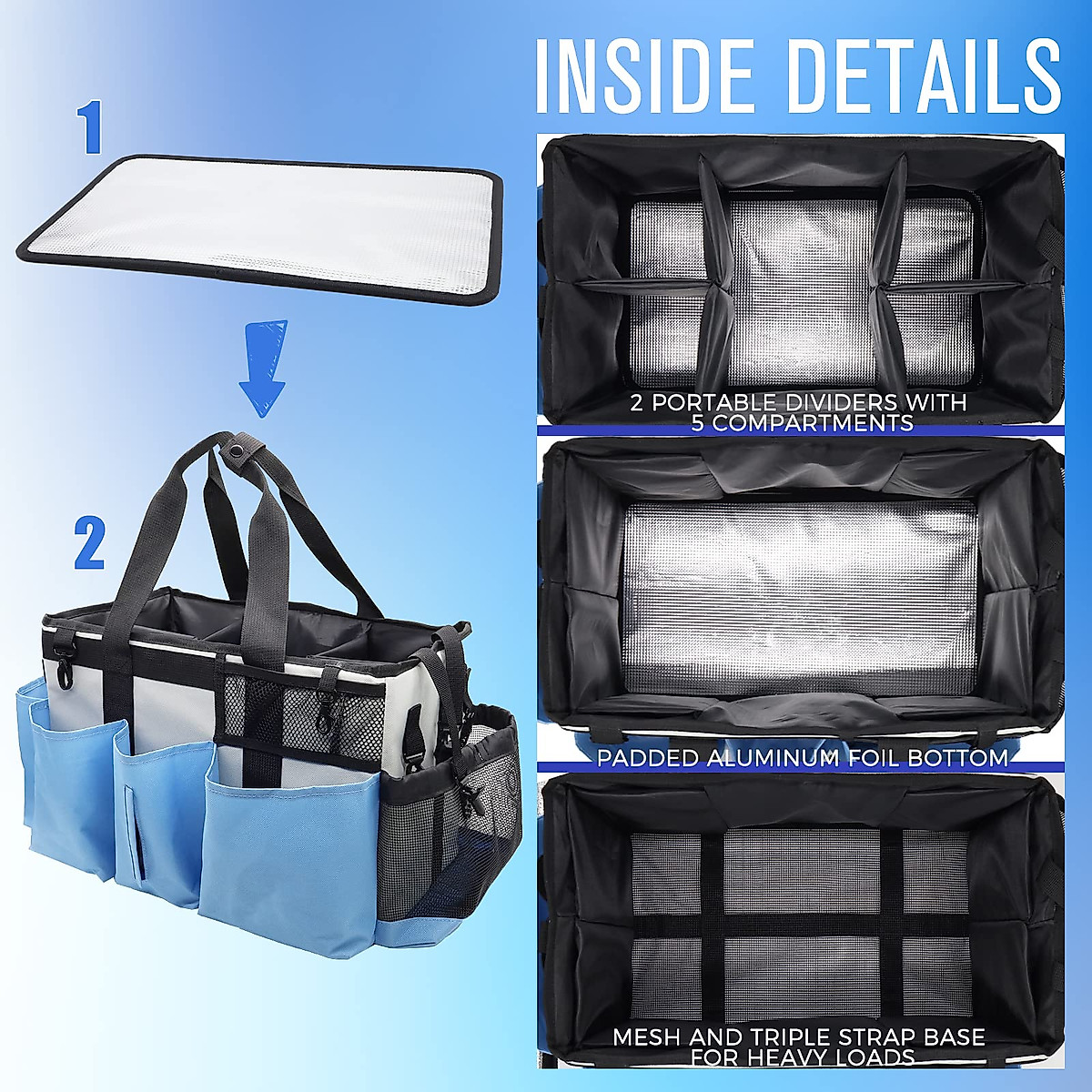 SCAVATA Large Wearable Cleaning Caddy Bag, Cleaning Supplies Organizer with Handles & Shoulder Straps for Housekeepers, Under Sink & Car Cleaning Tool Organizers Bags with Multiple Compartments (Blue)