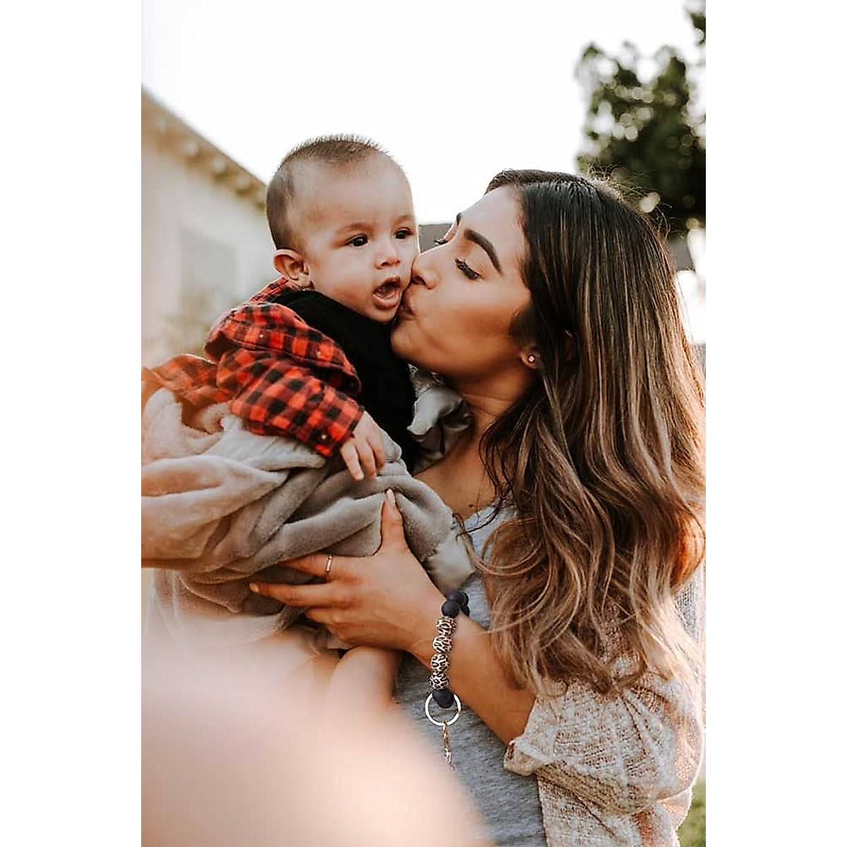 BAOSIWA Women Silicone Bracelet Keychain Wristlet Beaded Key Ring Leopard Bangle Chains with Leather Tassel