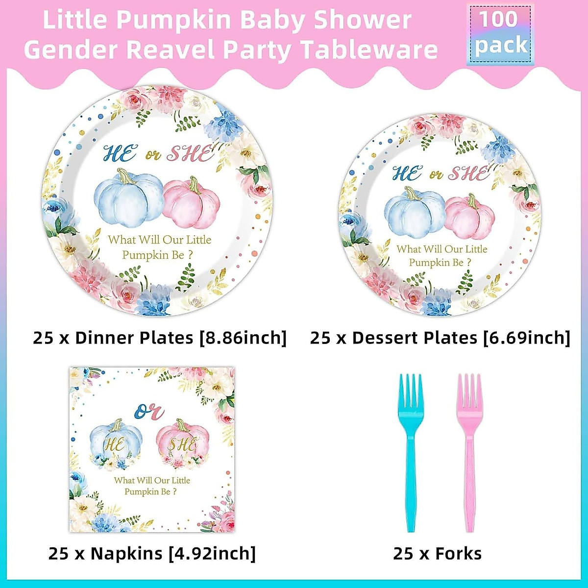 100 Pcs Little Pumpkin Baby Shower Plates and Napkins Fall Gender Reveal Tableware Autumn What will our little pumpkin be Pink or Blue Boy or Girl Baby Shower Birthday Party Decoration Supplies 25
