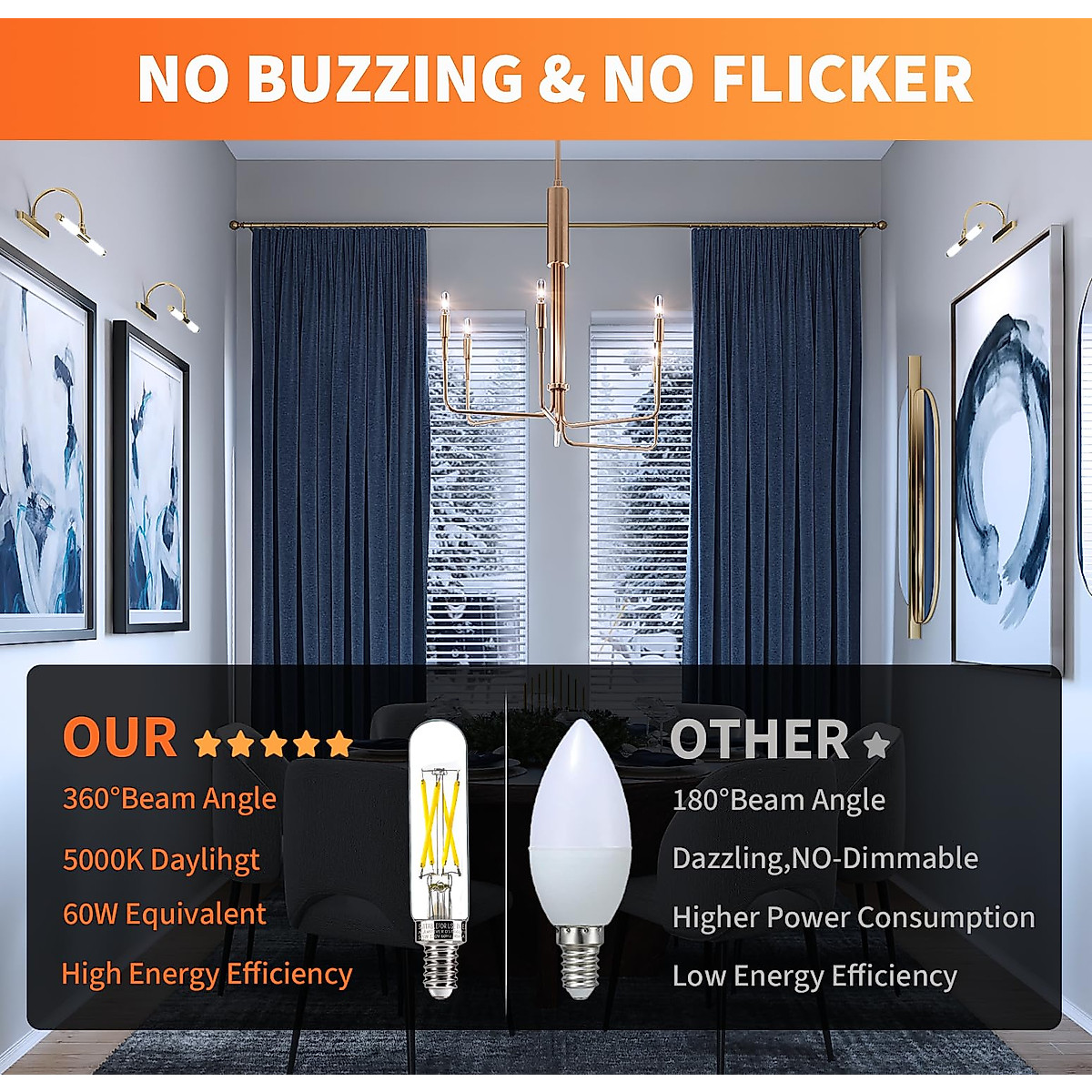 ALAMPEVER 5.5W (60W Equivalent) Dimmable T6 LED Edison Bulbs, E12 Candelabra Base, 5000K Daylight, CRI90, 550LM, Clear Vintage Tubular Bulb, 6-Pack