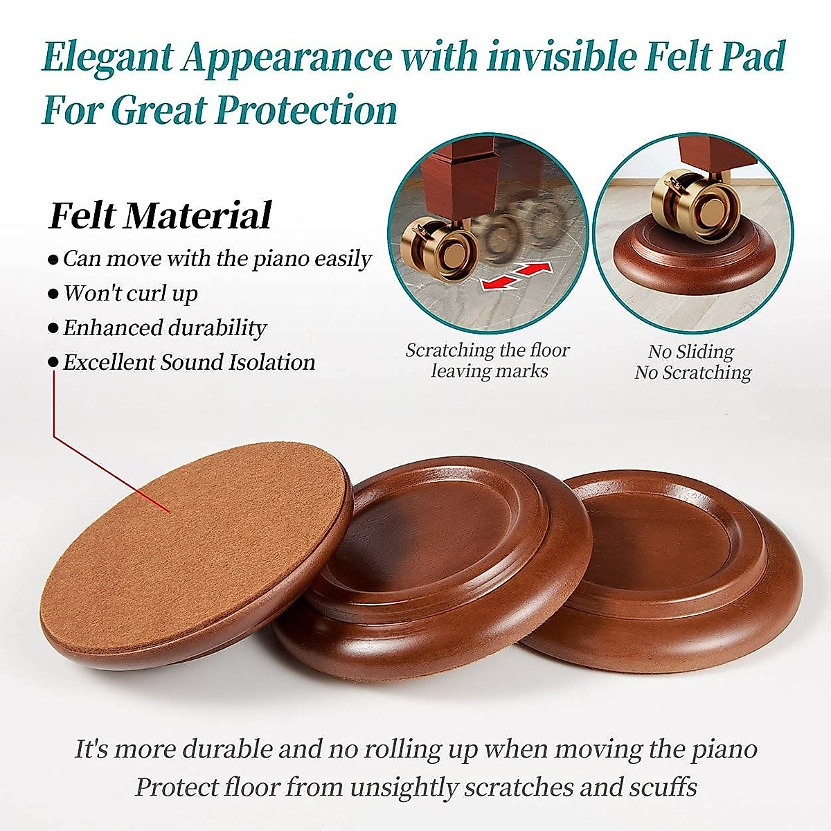 Grand Piano Caster Cups, Piano Casters Floor Protectors Piano Leg Coasters for Grand Piano Hardwood Floors with Nonslip Felts