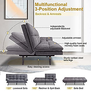 MUUEGM Futon Sofa Bed,Convertible Memory Foam Futon Couch for Small Spaces,Modern Loveseat Sleeper Sofa with Adjustable Armrests for Compact Living Room,Offices,Dorm,Studio/Grey
