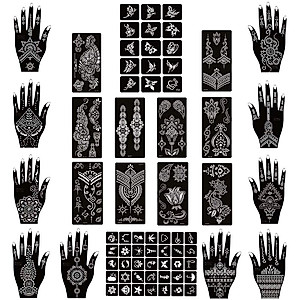 Xmasir Henna Tattoo Stencils Kit Pack of 22 Sheets, Temporary Tattoo Templates Indian Arabian Tattoo Sticker for Hands Body Art