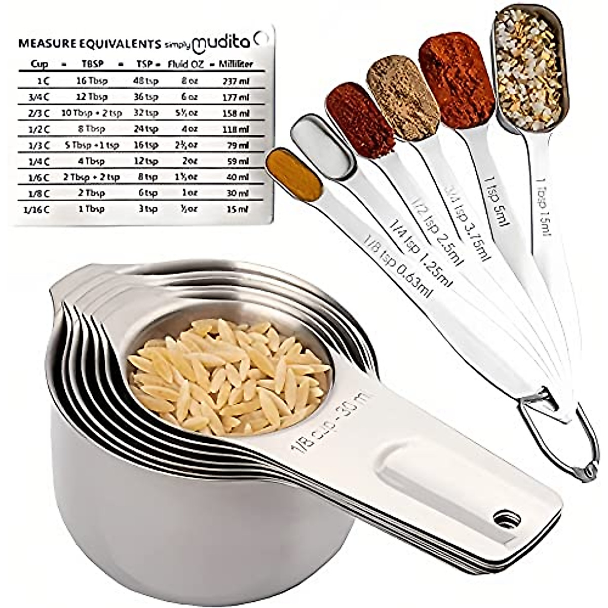Measuring cup and spoon set stainless steel 13 inch 18/8 stainless steel: 7 measuring cups and 5 measuring spoons, with a professional magnetic measurement conversion table