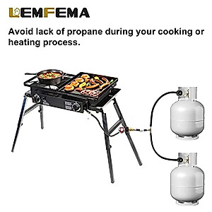 Lemfema Universal Y Type Splitter Propane Tank Converter Adapter Hose with Gauge, Two Way Qcc1/Type1 Inlet & POL/QCC1 Exit Propane Hose to Connect 5-40lb Tank for Grill, Heater, Fire Pit, Fireplaces